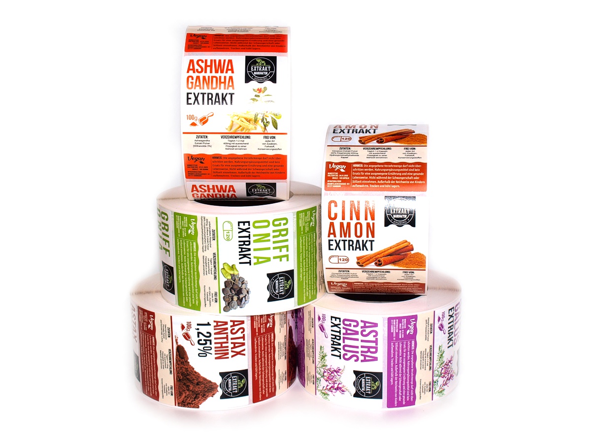 Printed adhesive tapes, labels, packaging materials